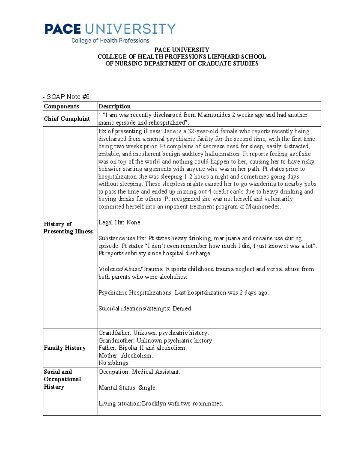 SOAP Note #6: Mental Health Assessment for Bipolar I Disorder - Studocu