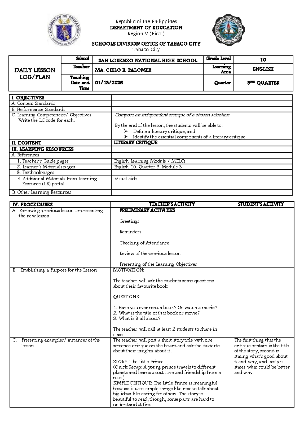 English 10 Daily Lesson Plan: Literary Critique (Quarter 3) - Studocu