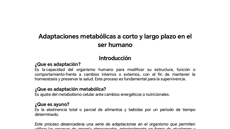 Adaptaciones Metabólicas al Ayuno: Corto y Largo Plazo - Studocu