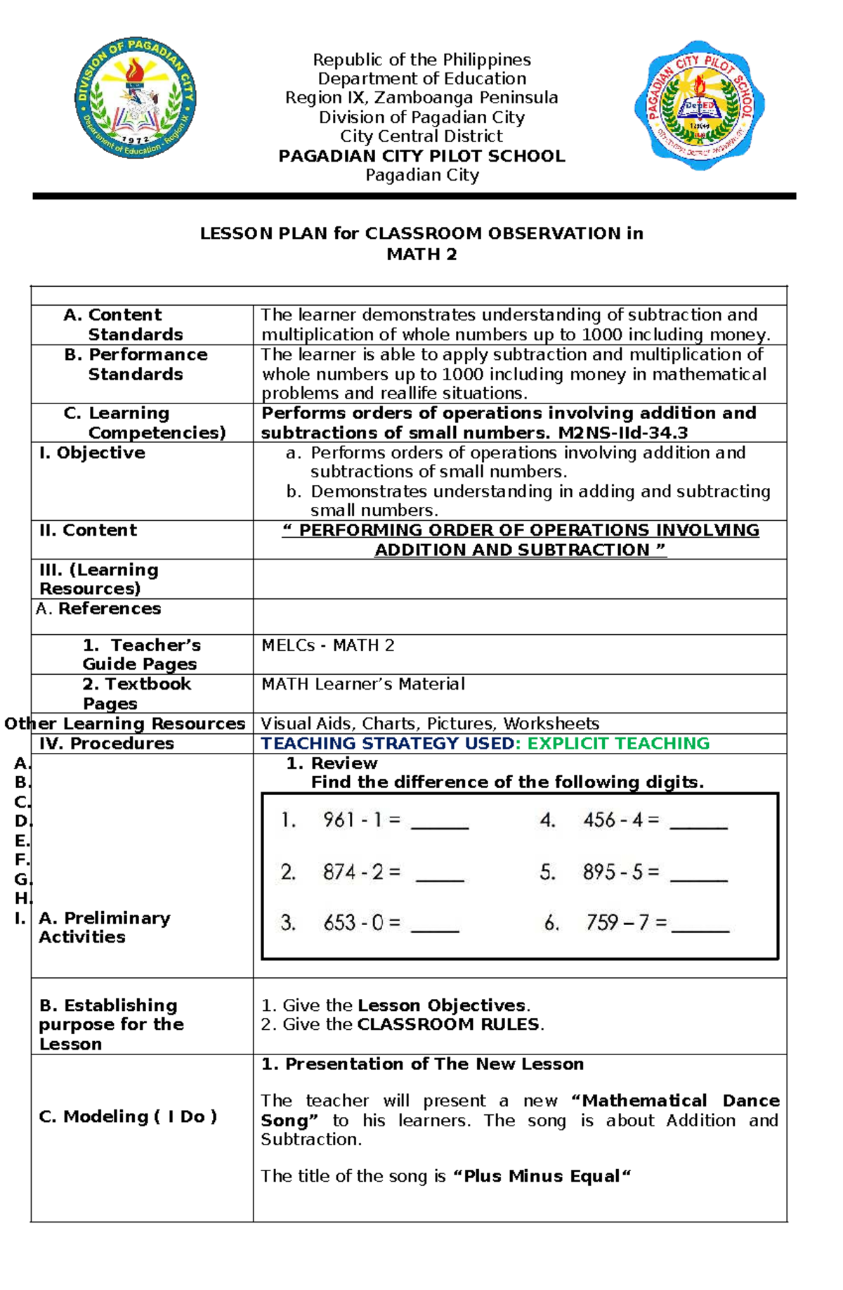 Math 2 lesson plan for classroom observation on addition and ...