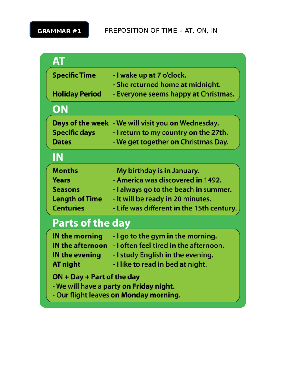 Grammar 1-2: Prepositions of Time & Place Exercises - Studocu