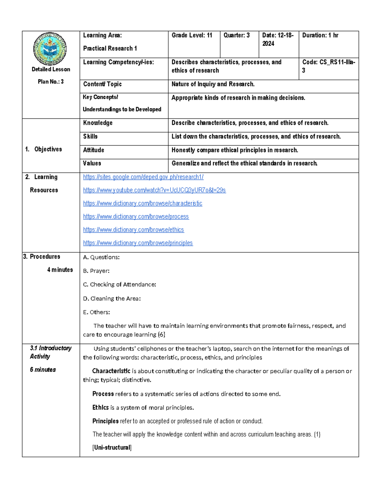Practical Research 1: Detailed Lesson Plan for Day 3 (Grade 11) - Studocu