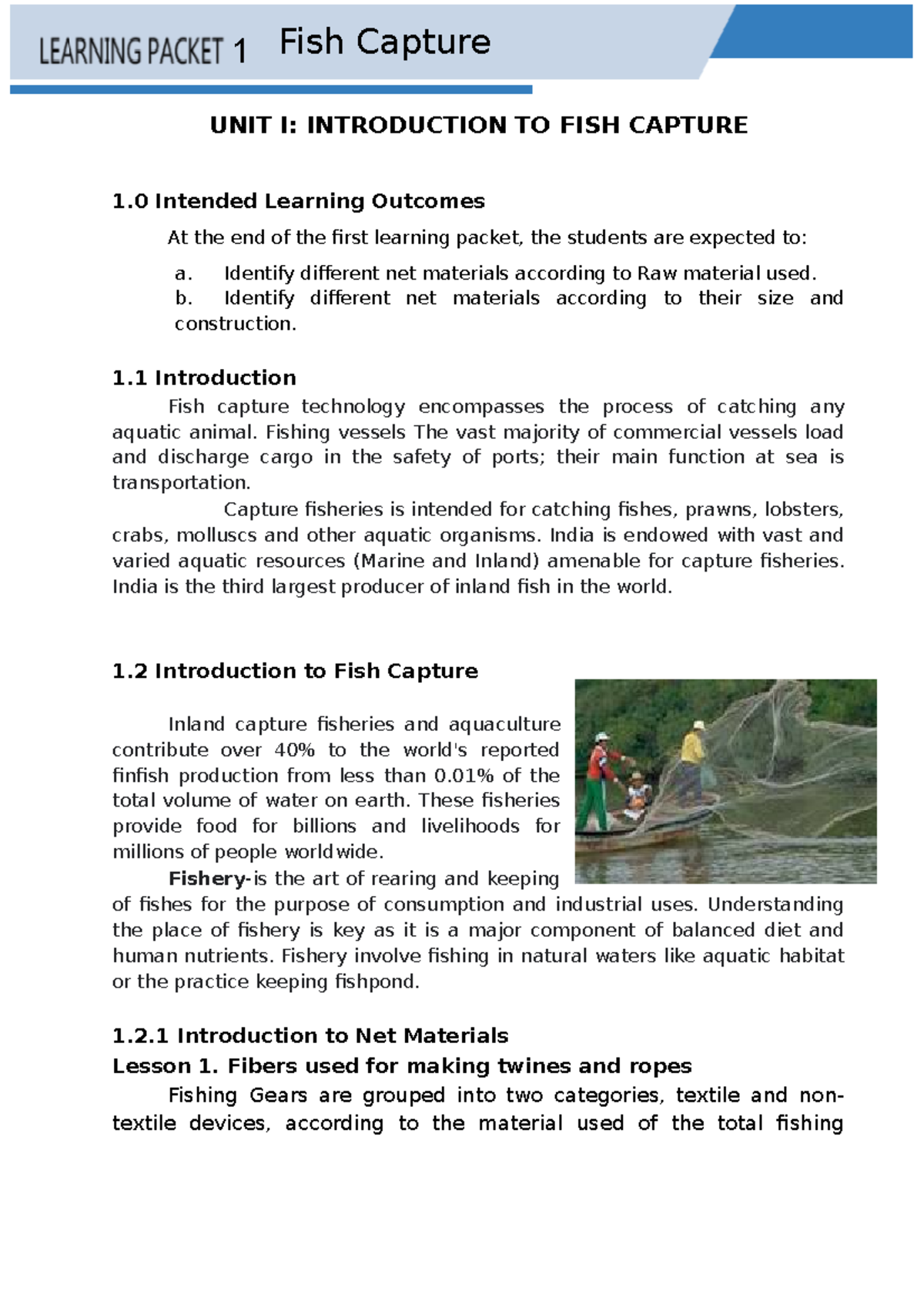 LP 1: Introduction to Fish Capture and Net Materials Overview - Studocu