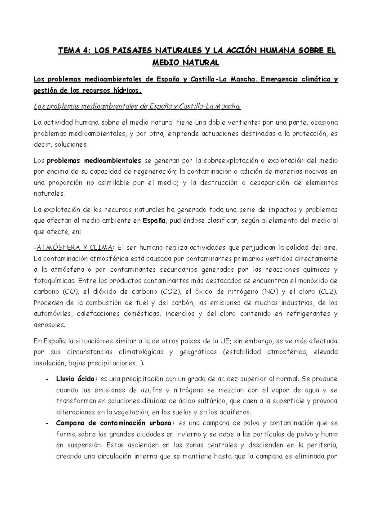 TEMA 4: Problemas Medioambientales en España y Mancha - Studocu