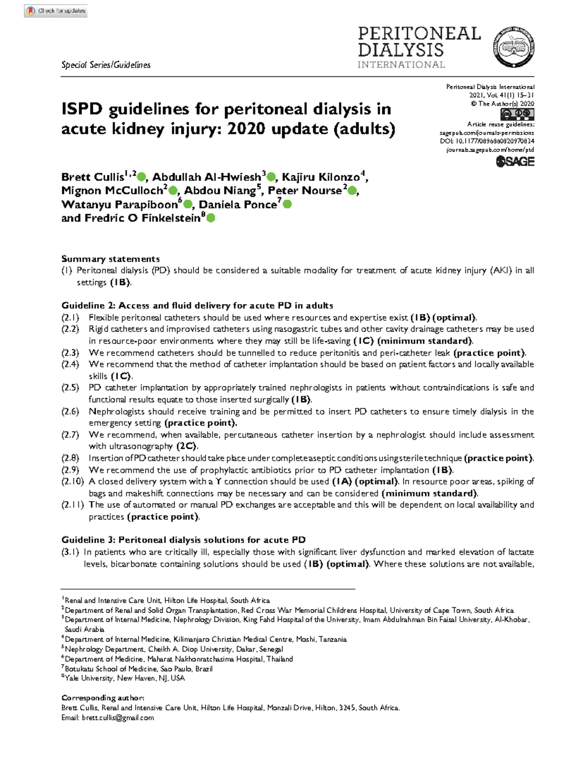 ISPD Guidelines for Peritoneal Dialysis in AKI: 2020 Update - Studocu