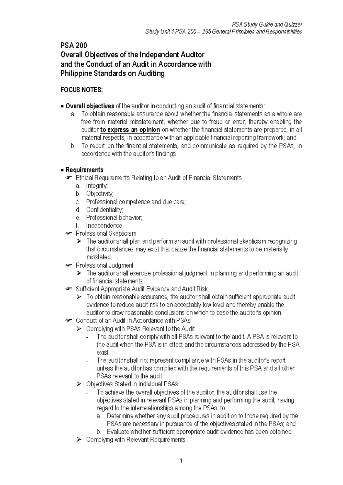 Study Unit 1 PSA 200 – 265: General Audit Principles and ...