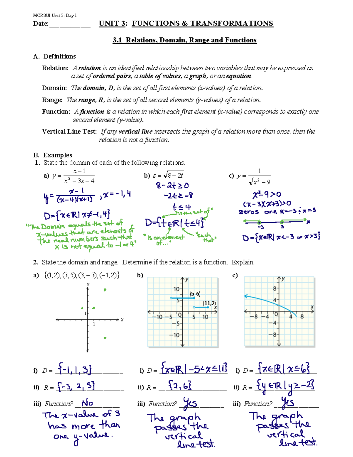 MCR3UI Unit 3: Functions & Transformations - Lesson Notes - Studocu
