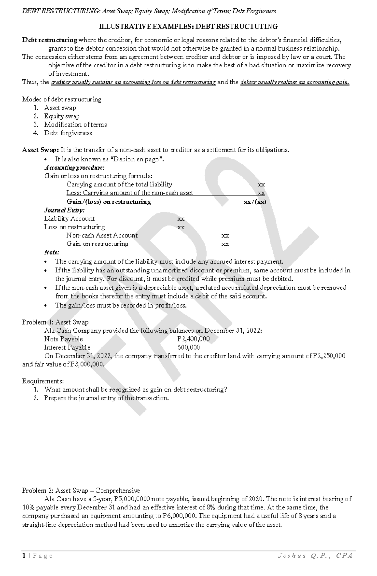 Illustrative Examples - Debt Restructuring 1 - ILLUSTRATIVE EXAMPLES ...
