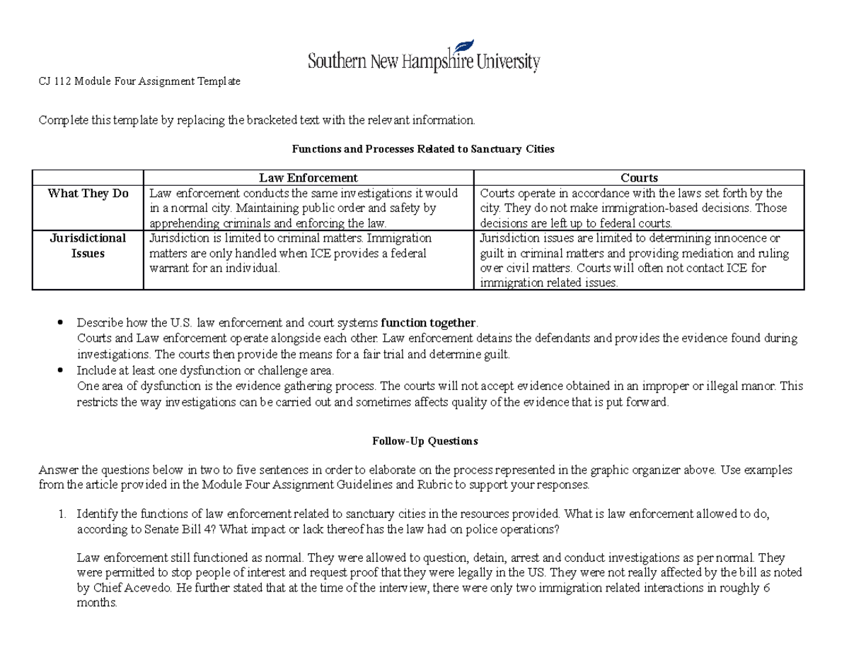 CJ 112 Module 4 Assignment: Functions of Law Enforcement & Courts in ...