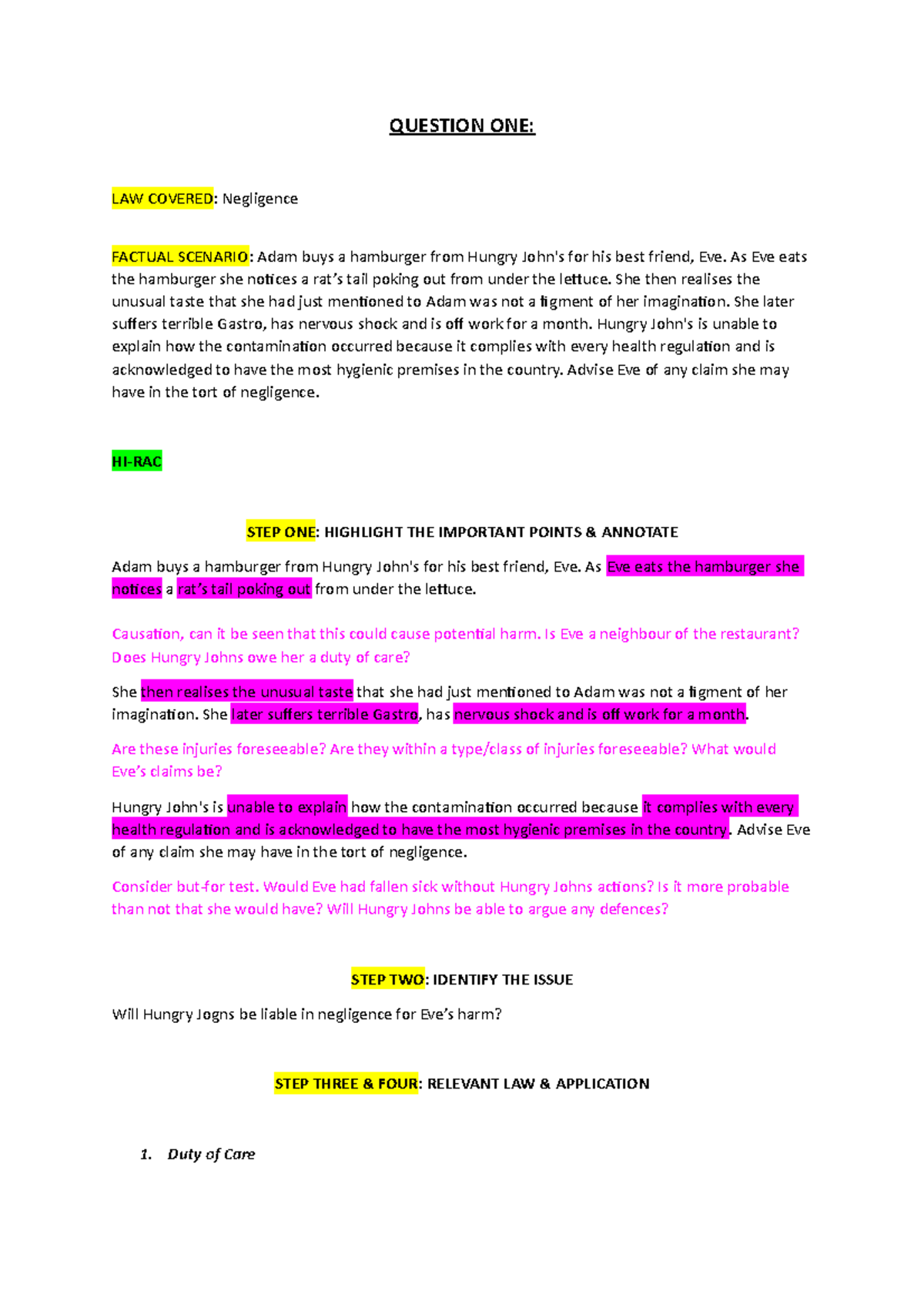 Negligence Sample answer - QUESTION ONE: LAW COVERED: Negligence ...