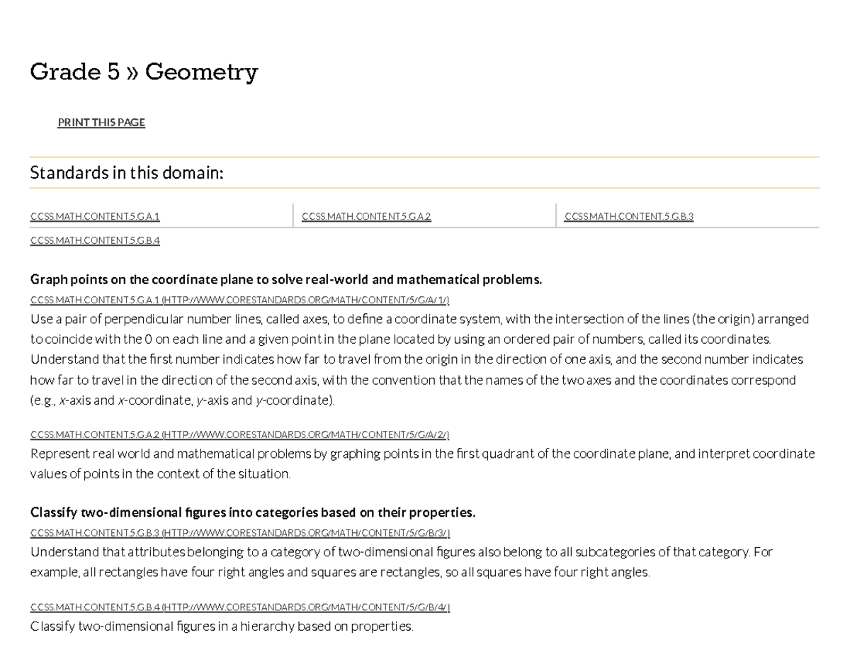 Grade 5 Geometry Standards Overview for CCSS.MATH.CONTENT.5.G - Studocu