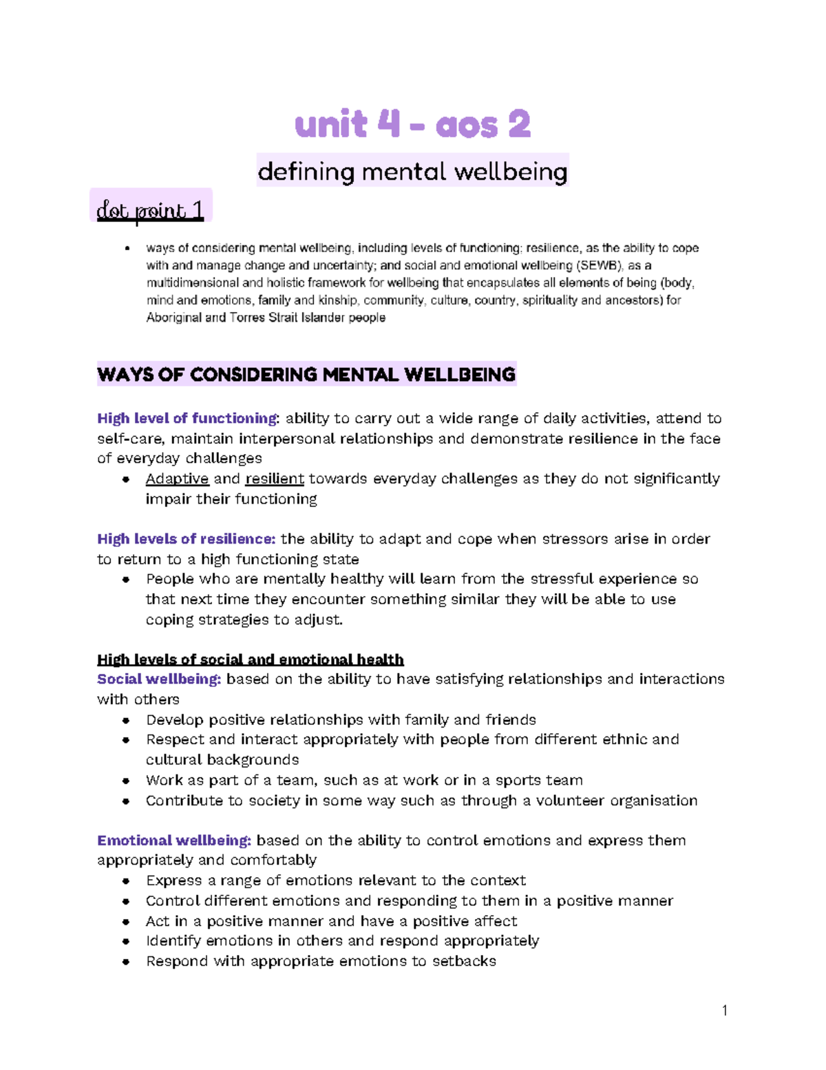 Psychology 3/4 Unit 4 AOS 2: Understanding Mental Wellbeing - Studocu