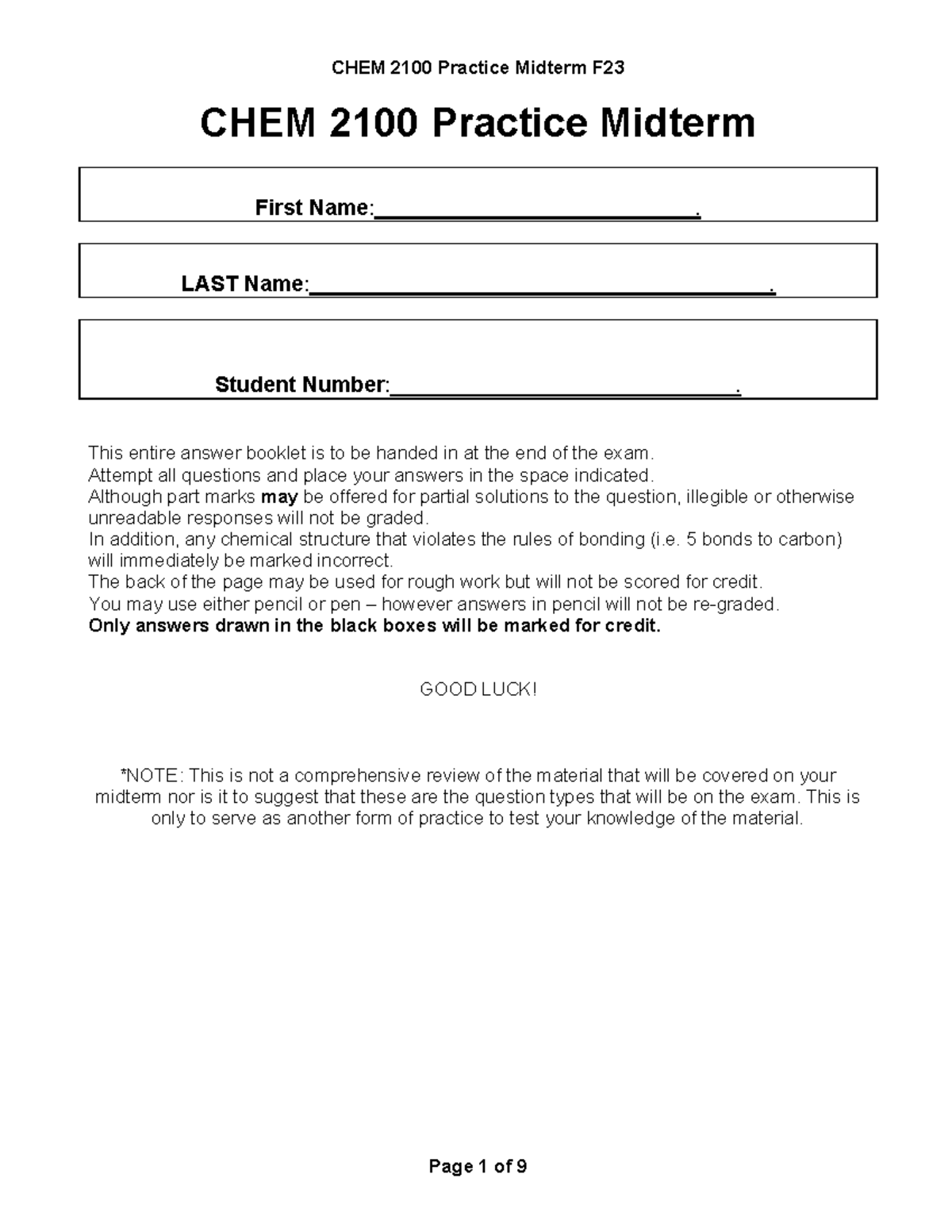 CHEM2100 Midterm Practice Exam: Questions and Guidelines - Studocu
