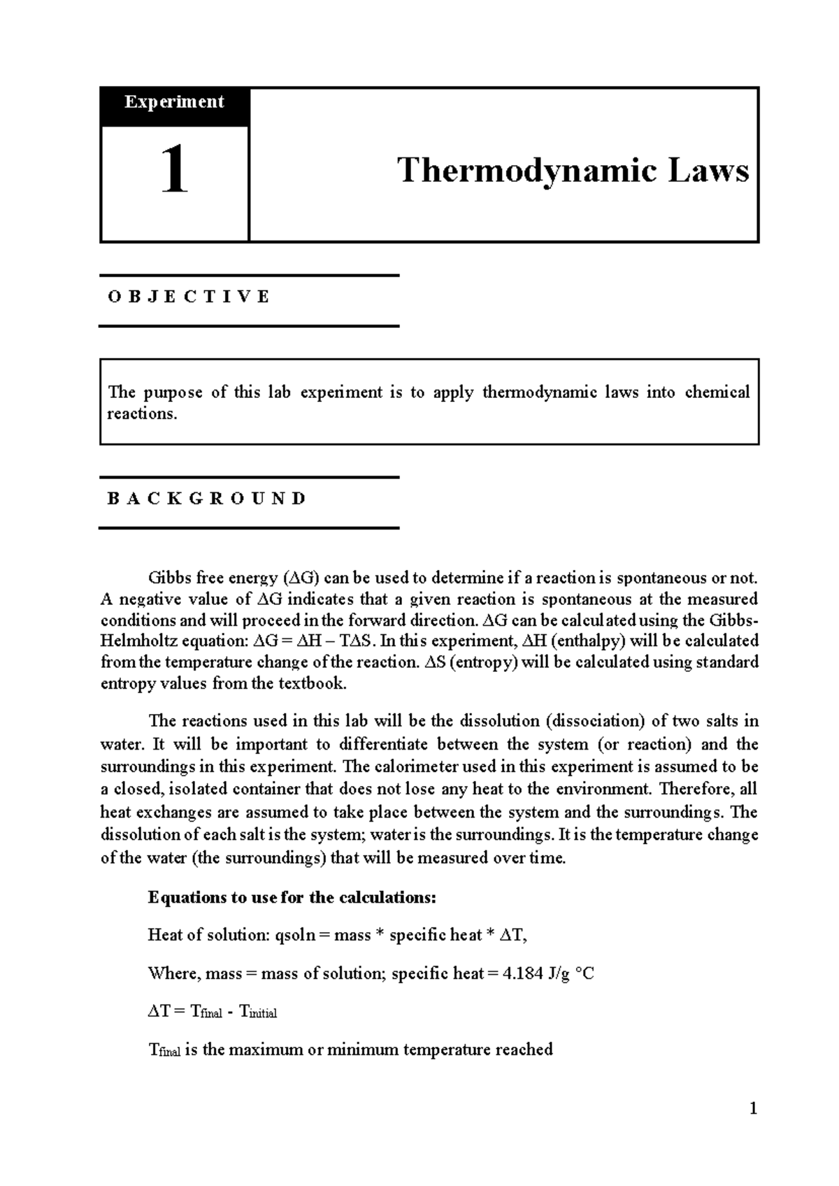 Experiment 1: Application of Thermodynamic Laws in Chemical Reactions ...