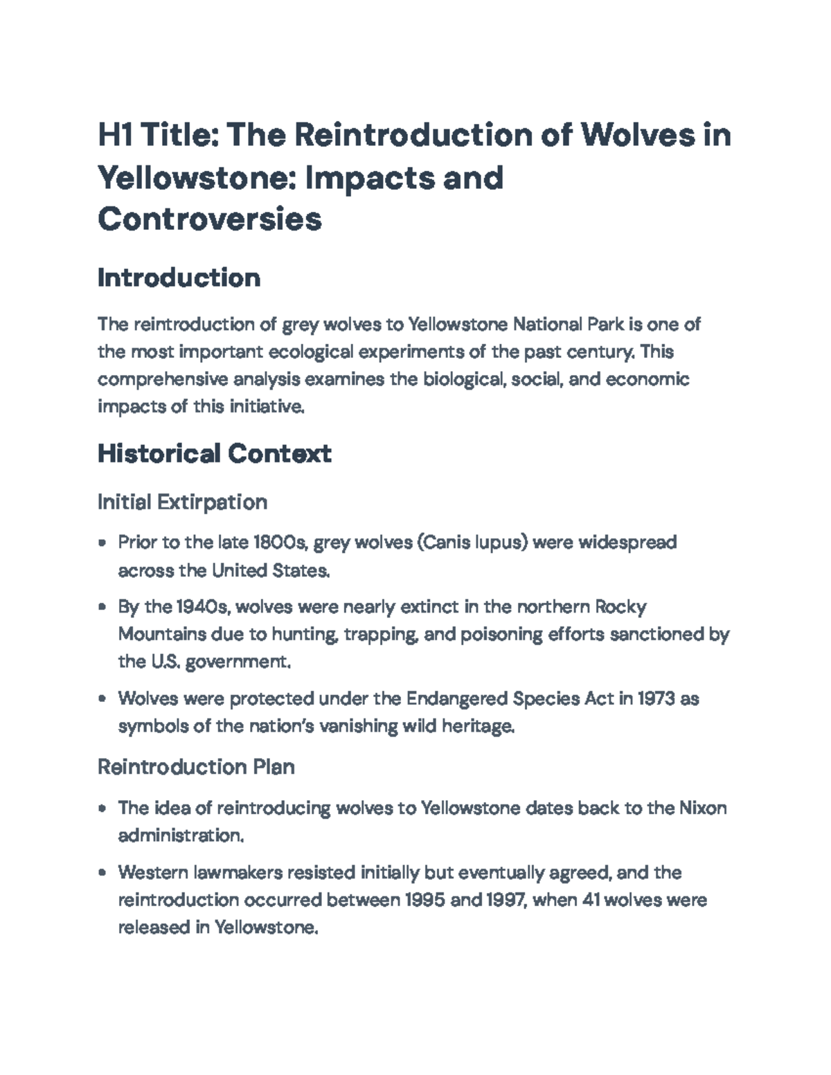 The Reintroduction of Wolves in Yellowstone: Ecological Impacts ...