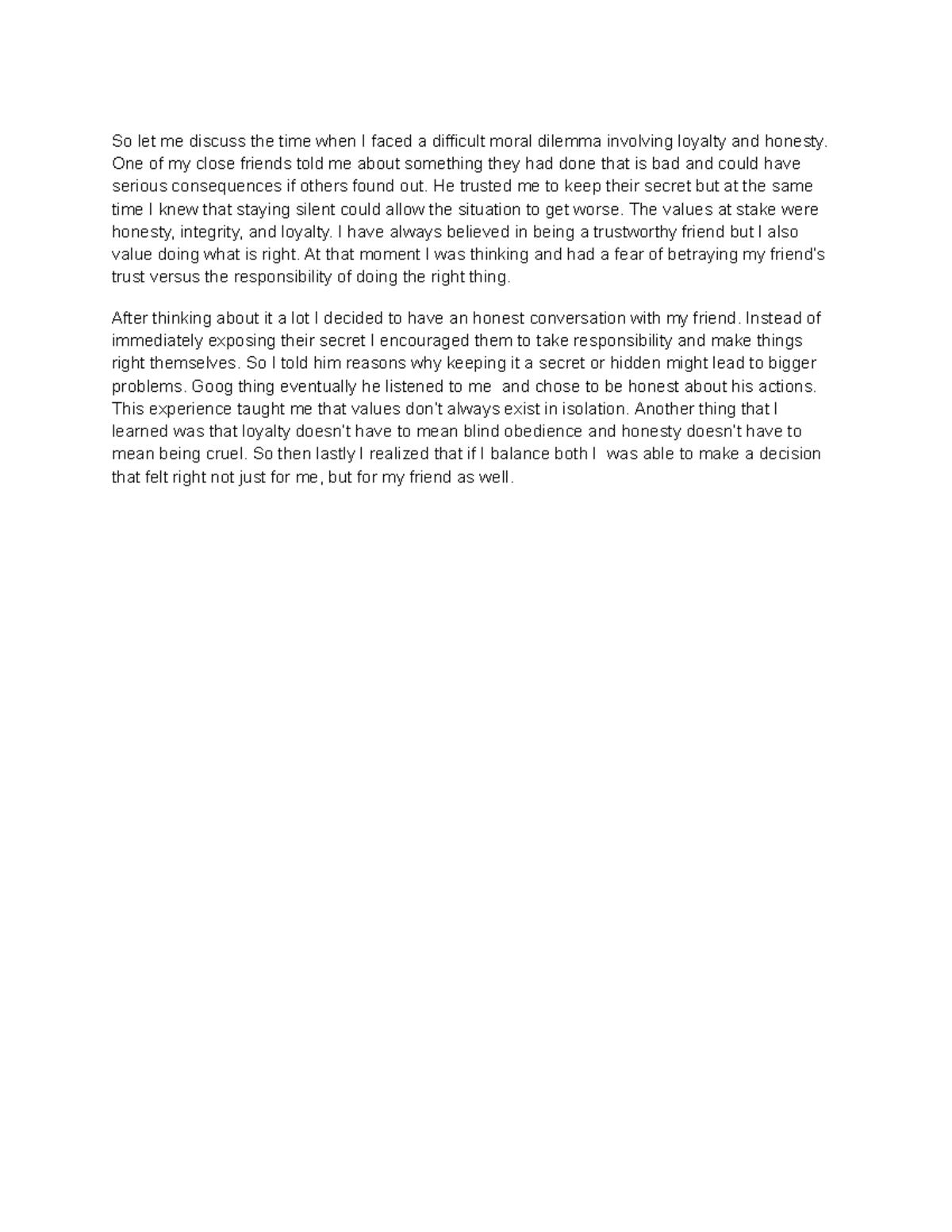 MOL 101: Reflection on Loyalty vs. Honesty Dilemma - Studocu