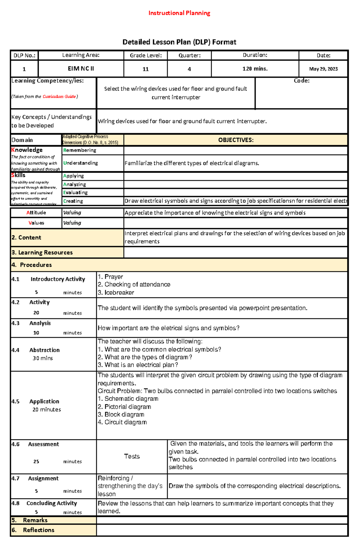 Daily Lesson Plan 1: EIM NC II - Electrical Wiring Devices (Quarter 4 ...