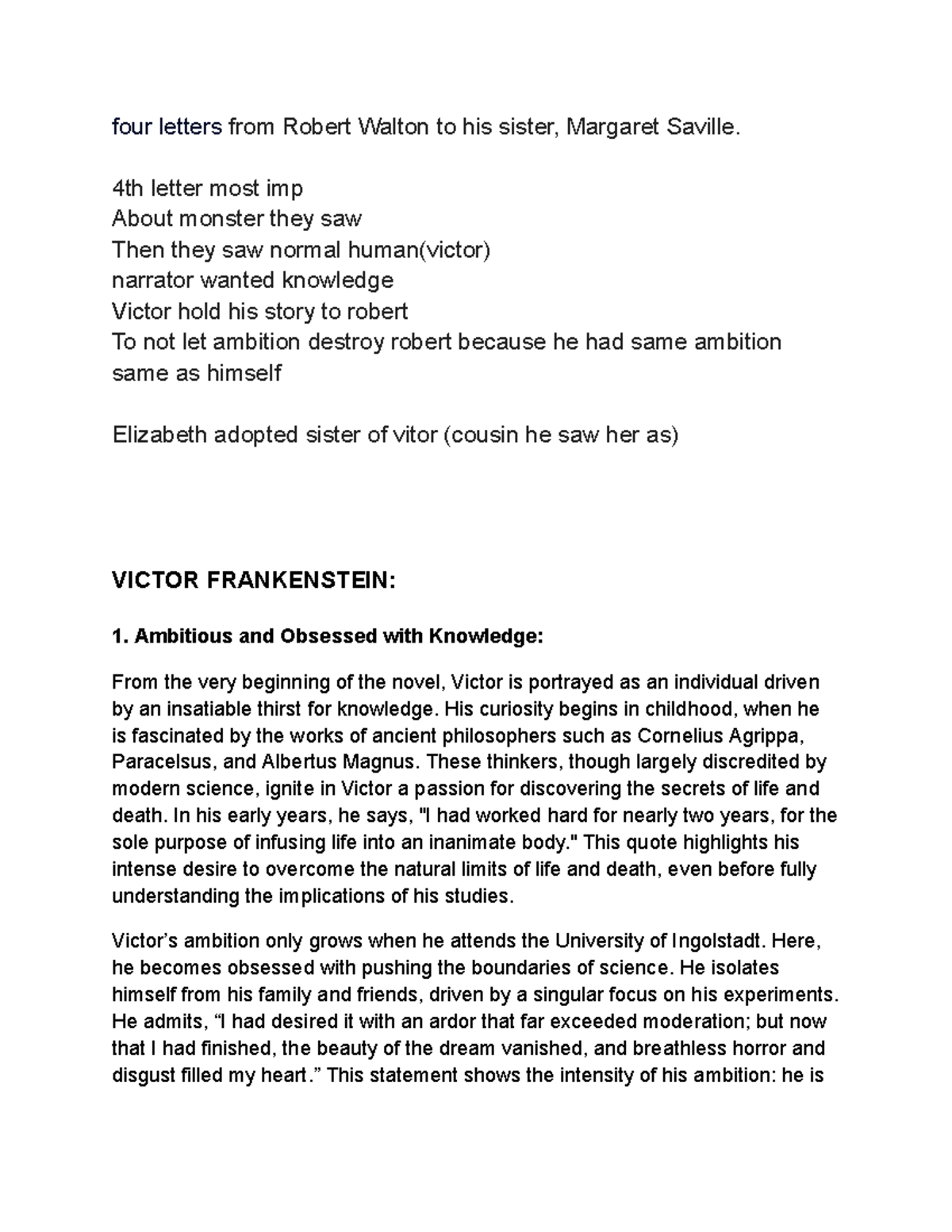 Frankenstein: Themes of Ambition and Responsibility in Letters to Margaret - Studocu