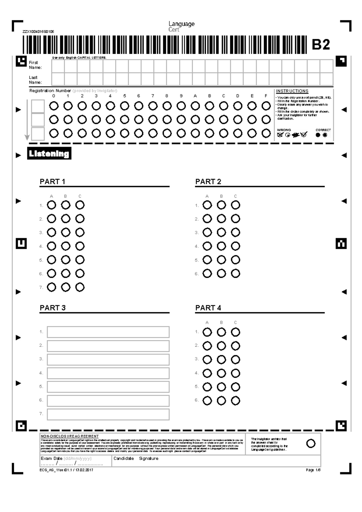 B2- IESOL Answer Sheet: Listening, Reading, and Writing Sections - Studocu