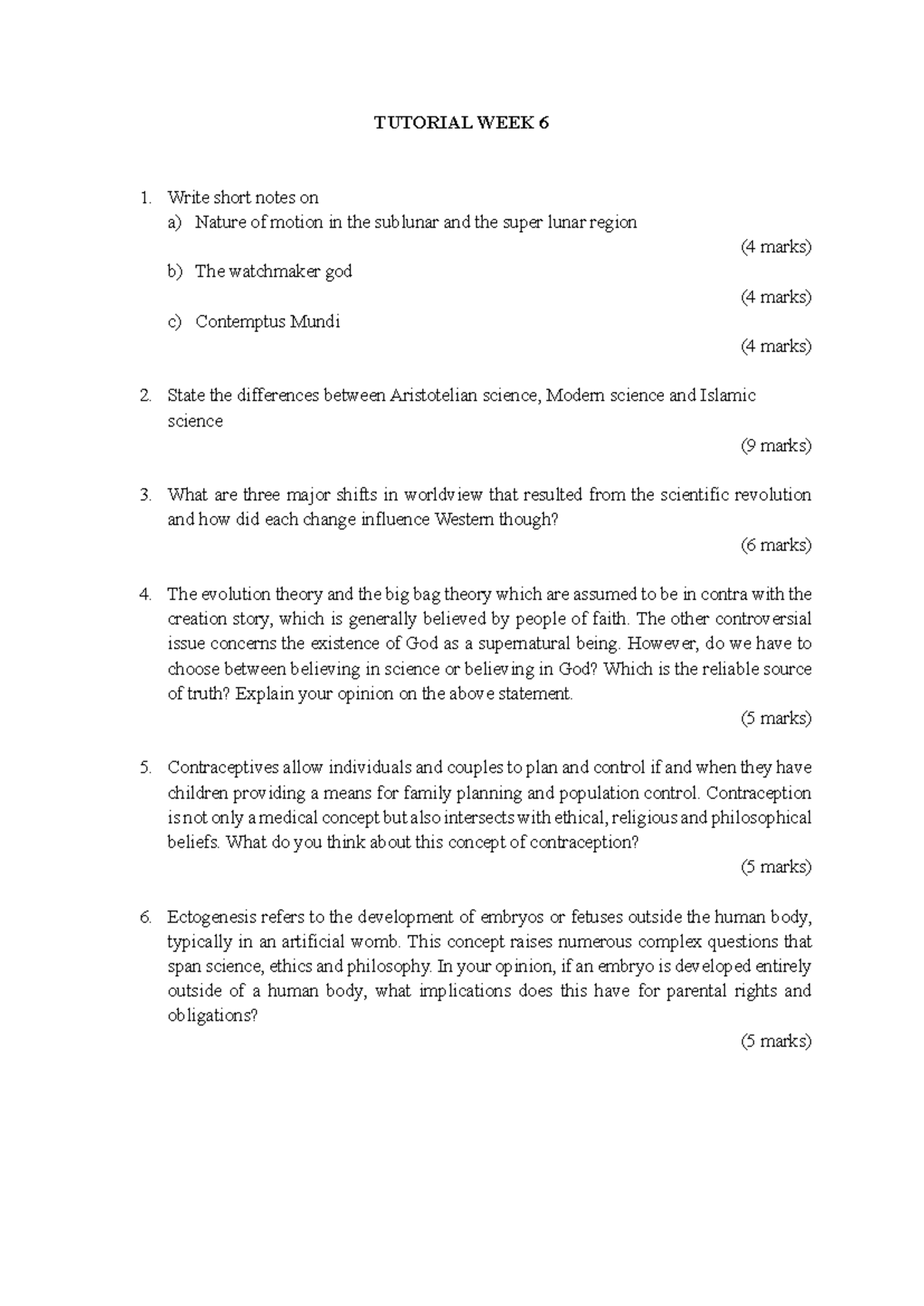 Tutorial Week 6: Nature of Motion, Science, and Ethical Questions - Studocu