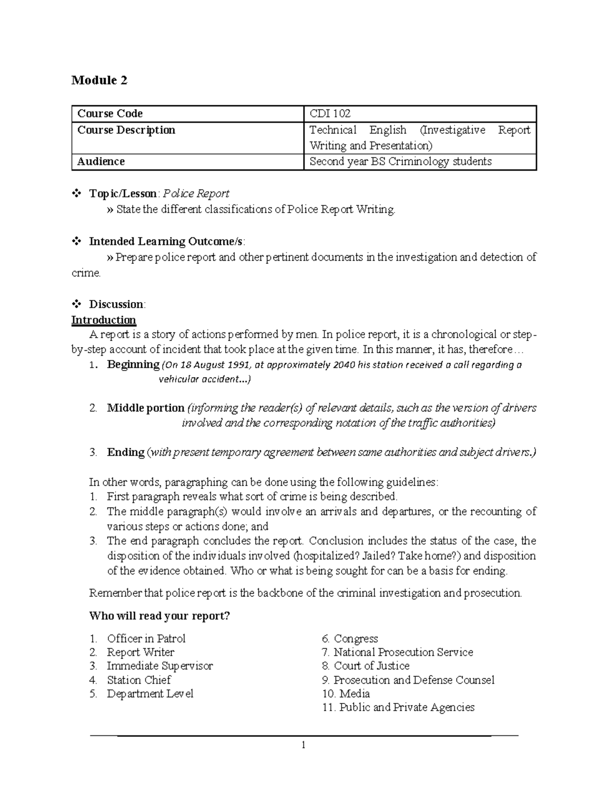 Module 2: Understanding Police Report Writing - CDI 102 Guide - Studocu