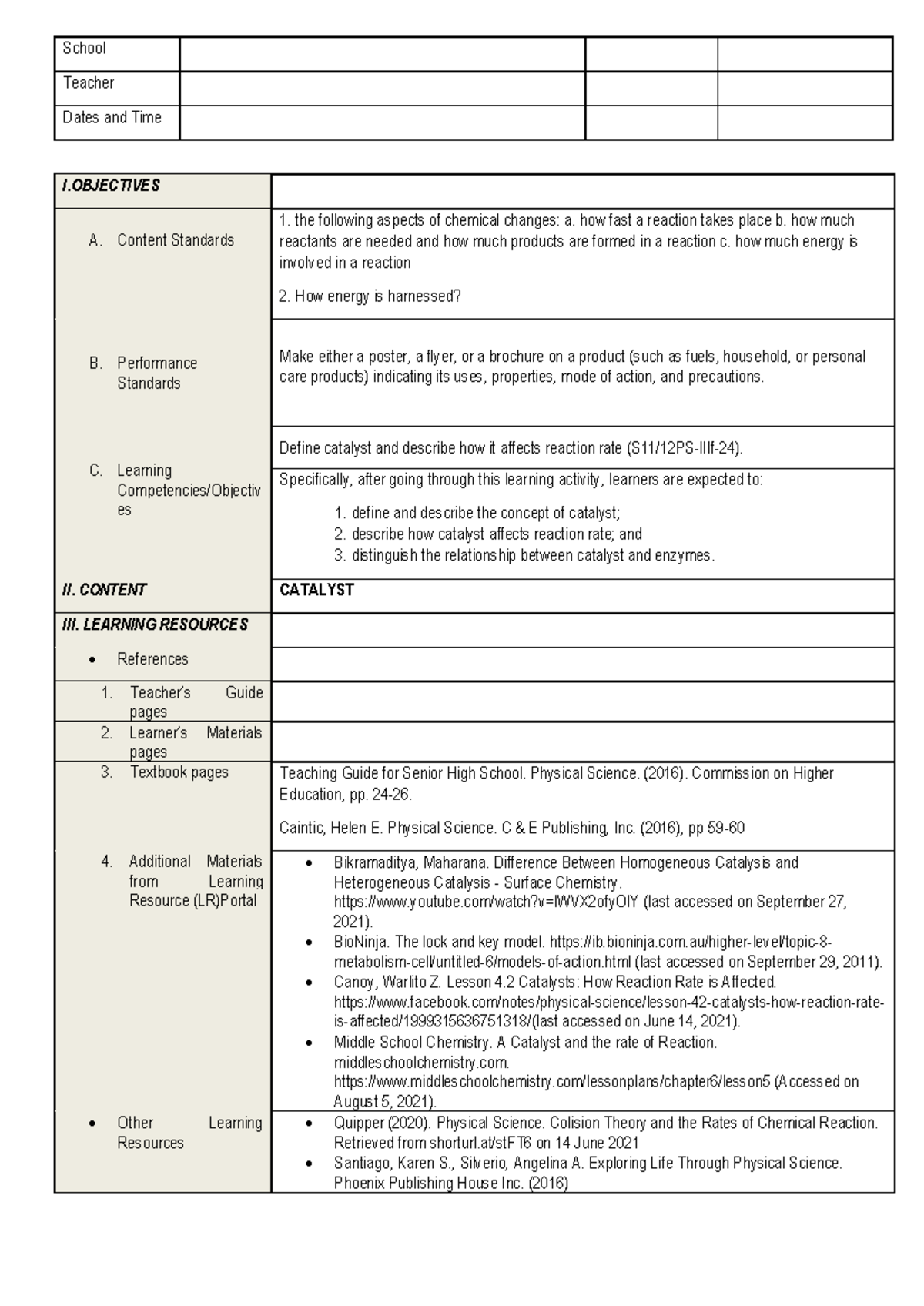 S11/12PS - Lesson Plan on Catalysts and Reaction Rates - Studocu