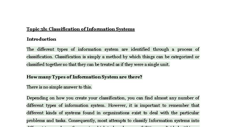 Topic 3b: Classification of Information Systems Overview - Studocu