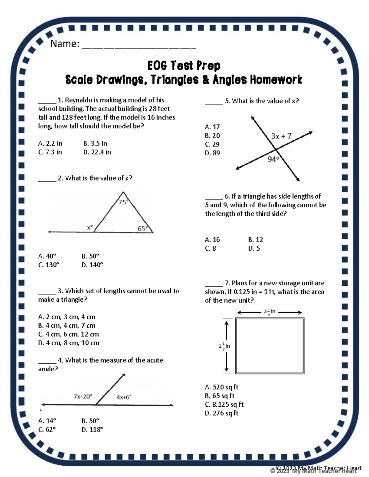26 - Scale Drawings, Angles & Triangle EOG Review Homework Grade 7 Math ...