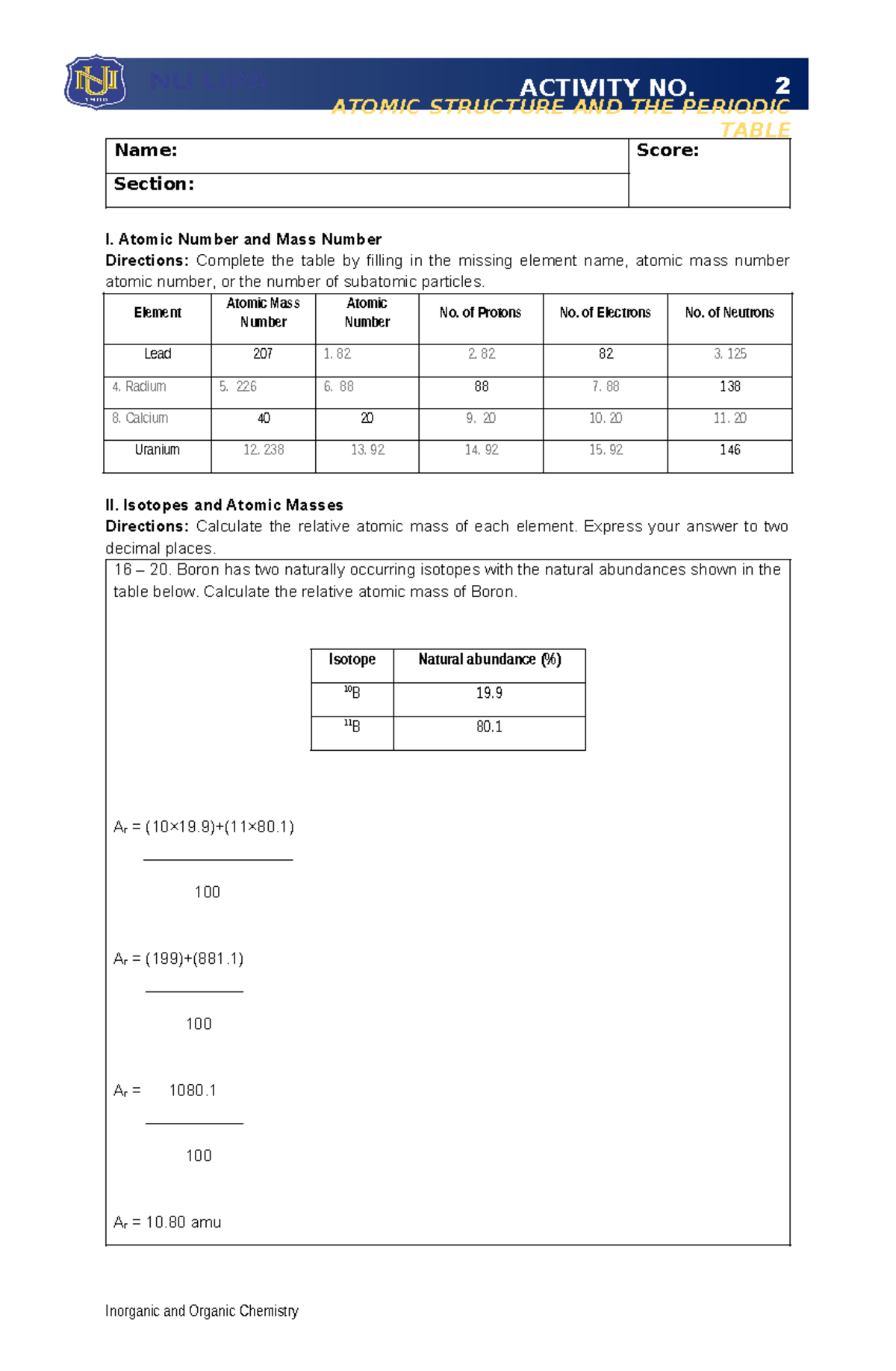 Activity No. 2 - Atomic Structure and the Periodic Table - Name: Score: Section: I. Atomic ...