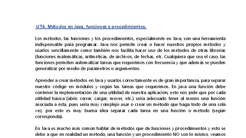 UT4. Métodos en Java: Funciones y Procedimientos Esenciales - Studocu