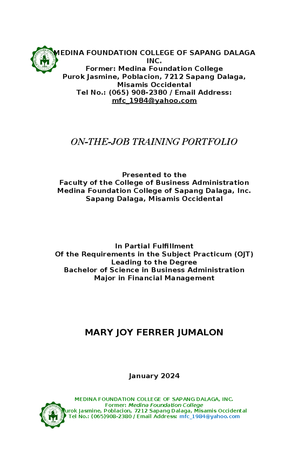 OJT Portfolio Summary for BSBA-FM (Practicum) - Mary Joy Jumalon - Studocu