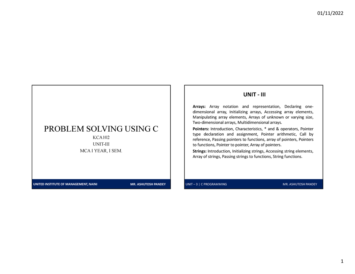 C Unit Ppt Unit 3 Aktu Kc 103 C Notes Problem Solving Using C Kca Unit Iii Mca I Year I Sem