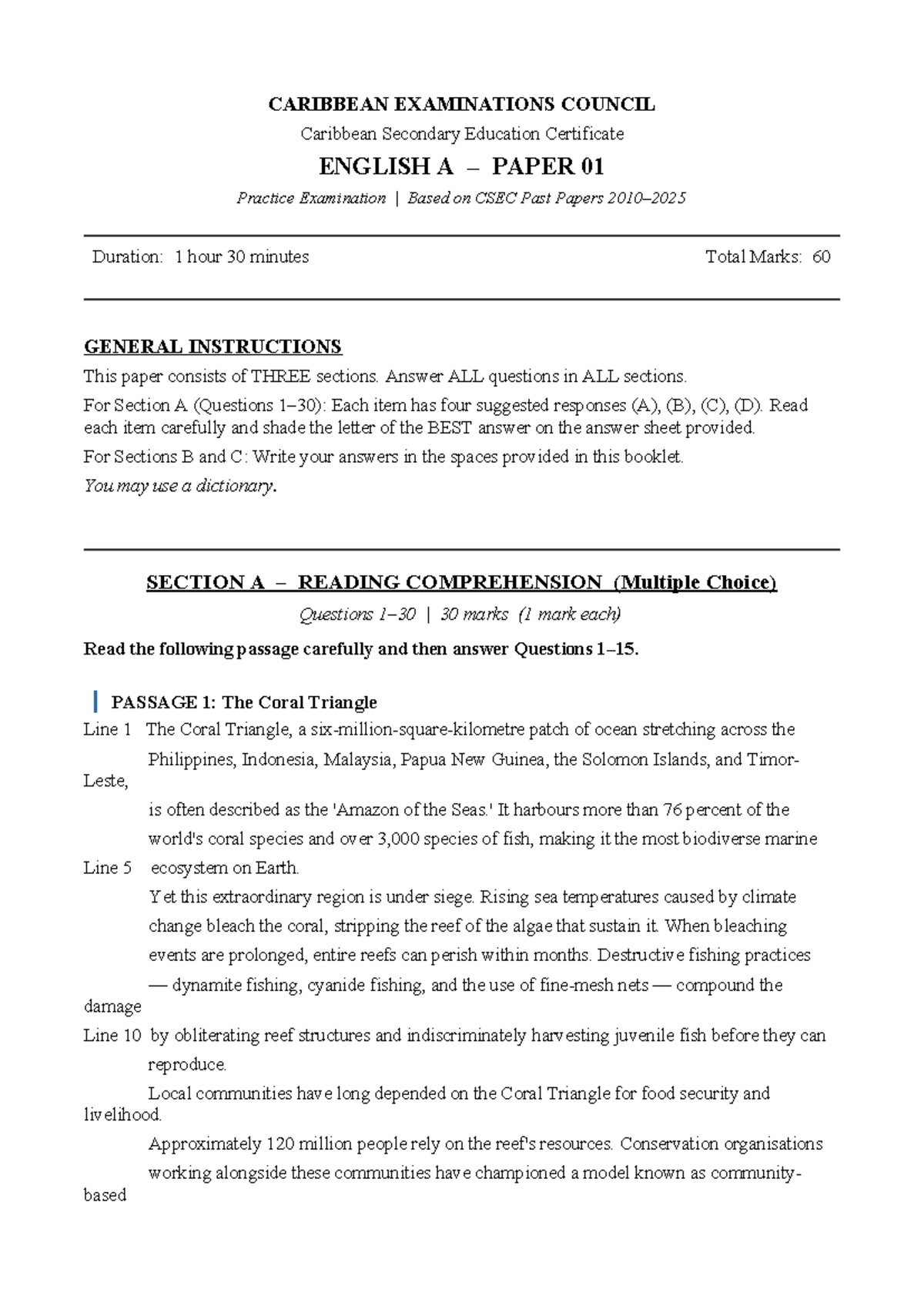 CSEC English A Paper 01 Practice Exam: Past Paper Questions - Studocu