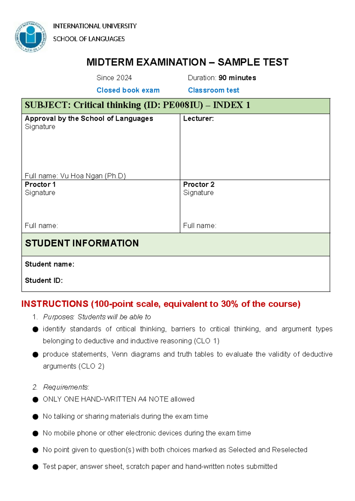 PE008IU Midterm Exam Sample Test – Critical Thinking (2024) - Studocu