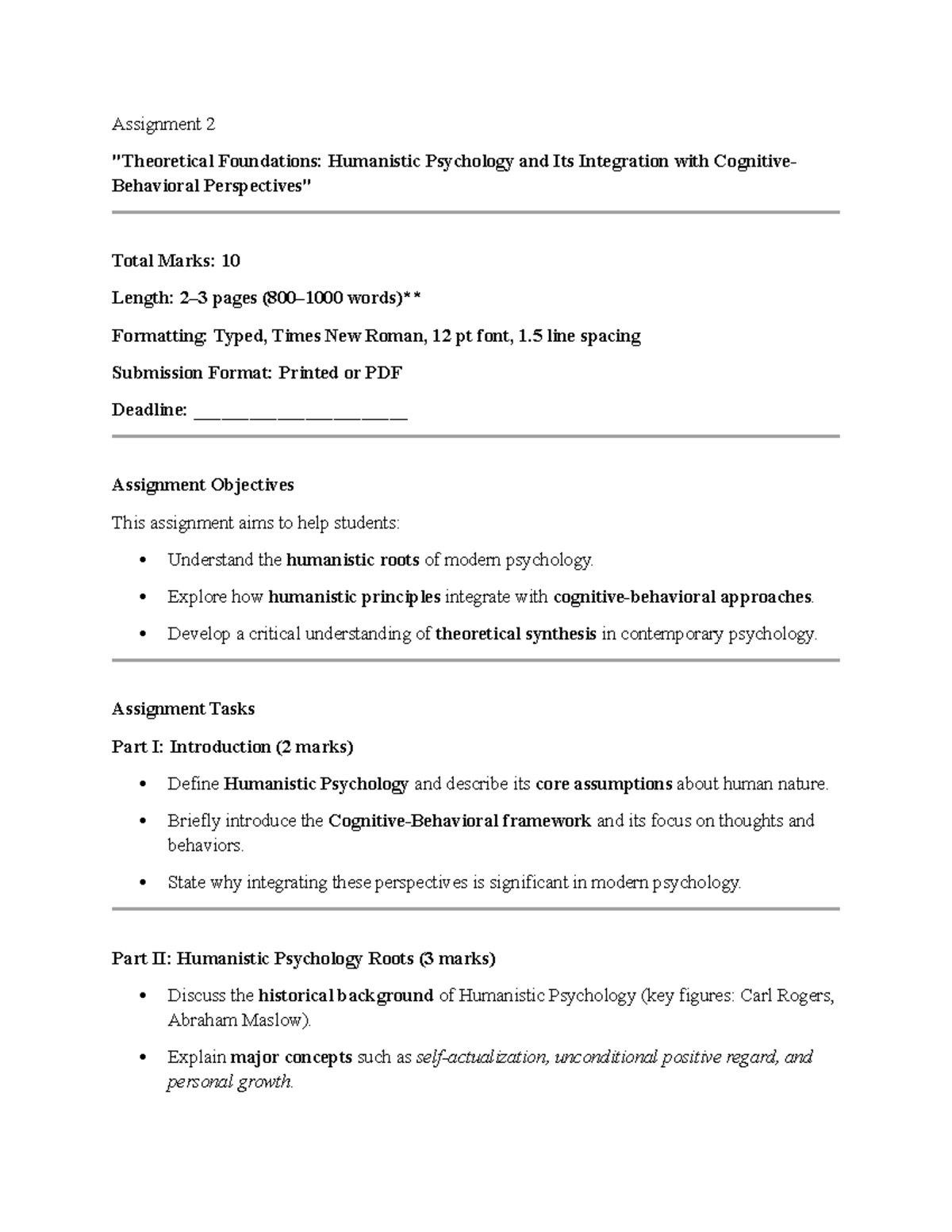 Assignment 2: Humanistic Psychology & Cognitive-Behavioral Integration ...