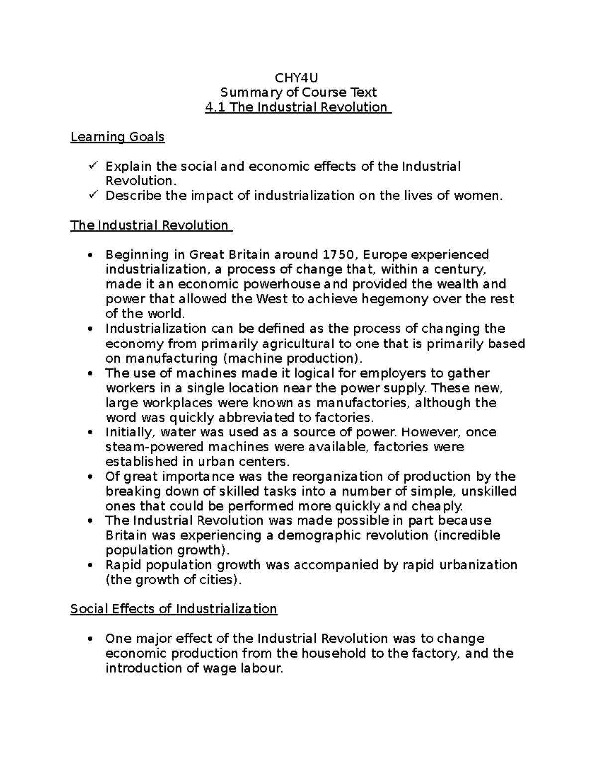 CHY4U Lecture Notes: The Industrial Revolution - Social & Economic ...