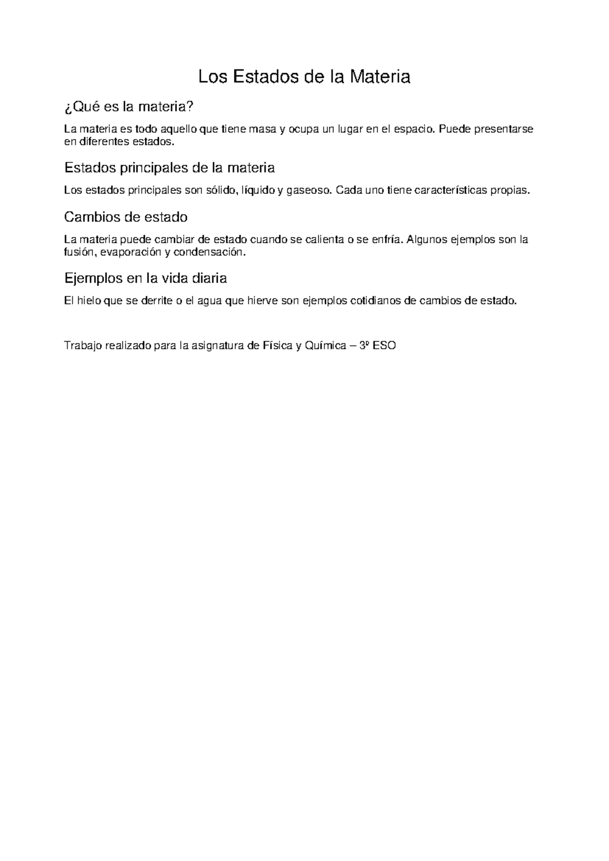 Trabajo sobre los Estados de la Materia - Física y Química 3º ESO - Studocu