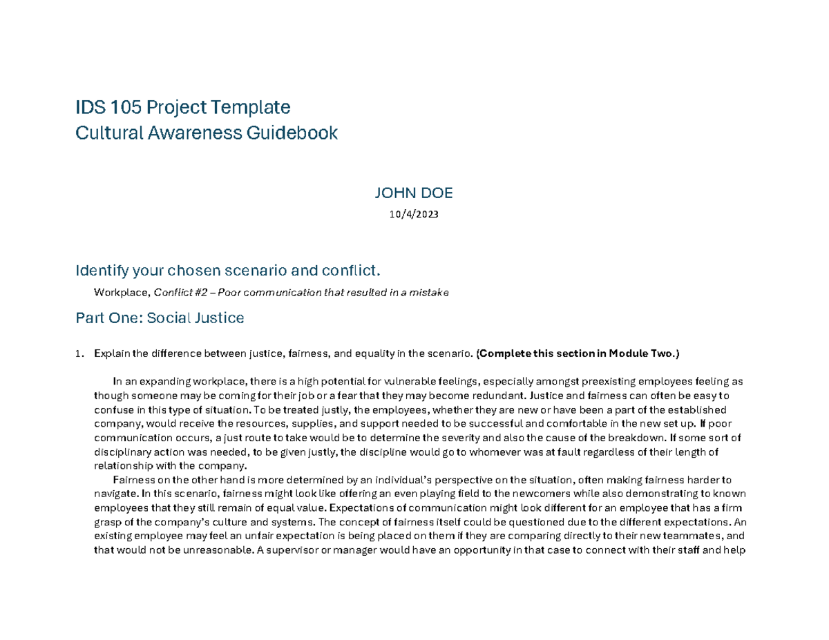 IDS 105 Project Template Example - IDS 105 Project Template Cultural Awareness Guidebook JOHN ...