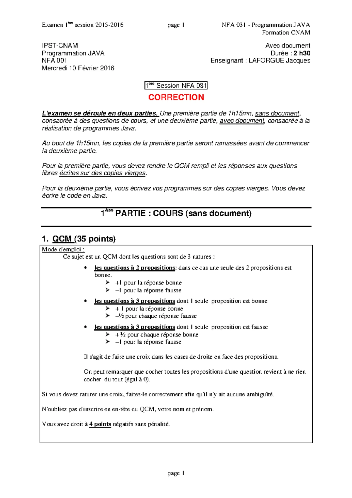 Examen JAVA avec la Correction - Examen : Langage de programmation Java Durée : 2 H En cas - Studocu