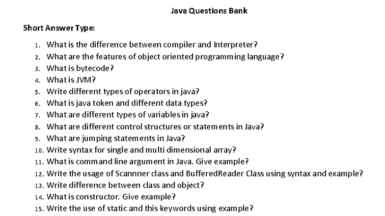 Java Question Bank: Short Answer & Long Answer Types for Exam Prep - Studocu