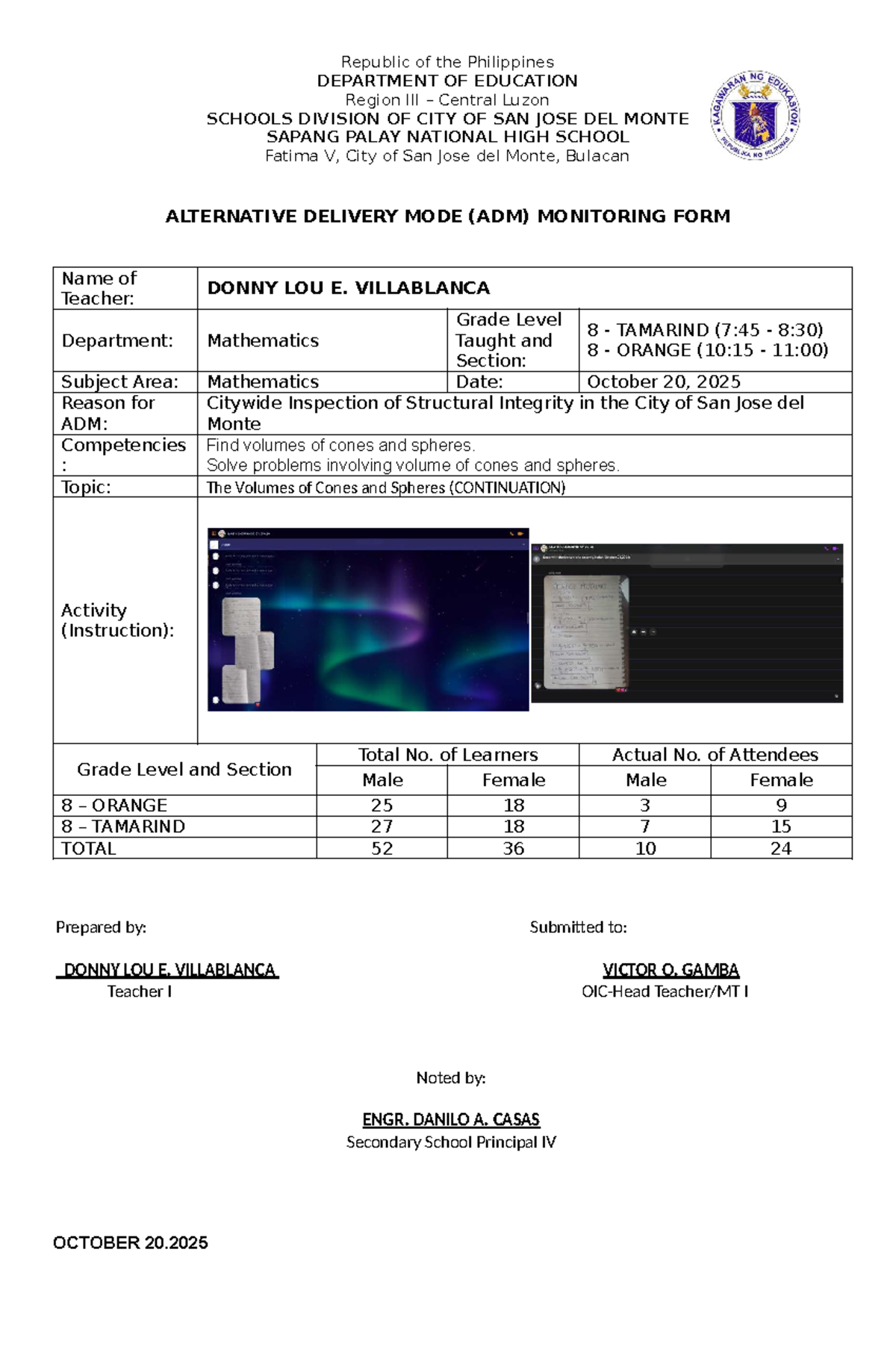 G8 ADM Monitoring Form: Volumes of Cones and Spheres (10-20-2025) - Studocu
