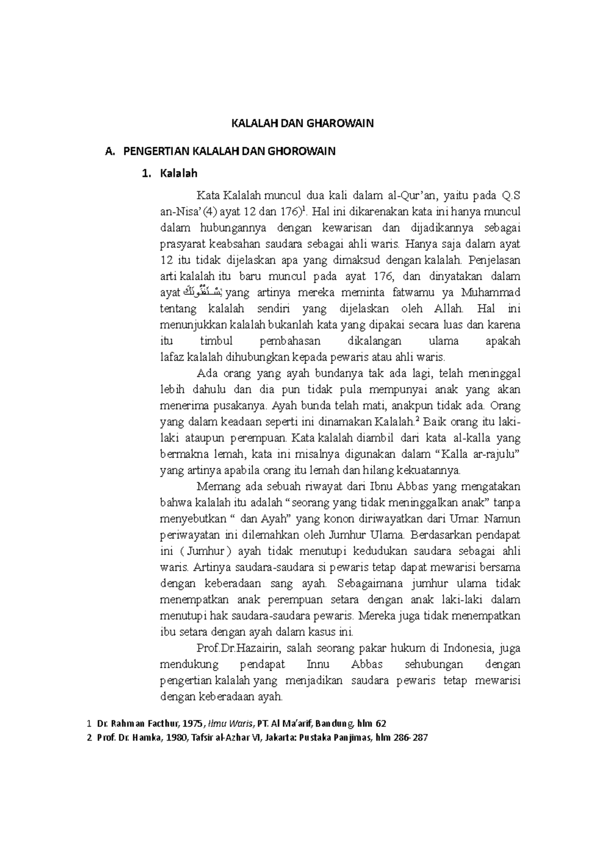 Kalalah dan Gharawain: Pemahaman Warisan dalam Hukum Islam - Studocu