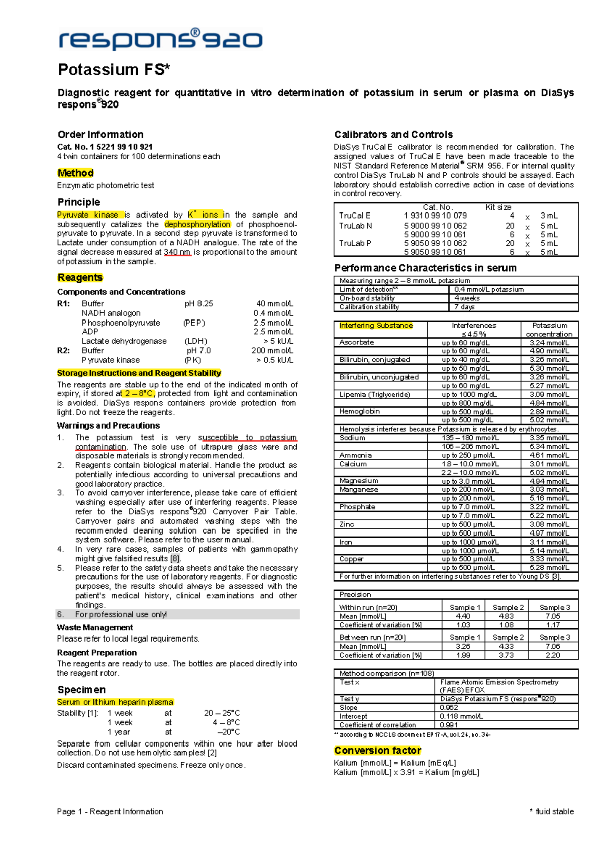 K - Electrolyte Analysis: Potassium Diagnostic Reagent Info ...