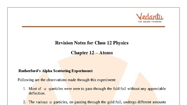 CBSE Class 12 Physics Revision Notes: Chapter 12 - Atoms - Studocu