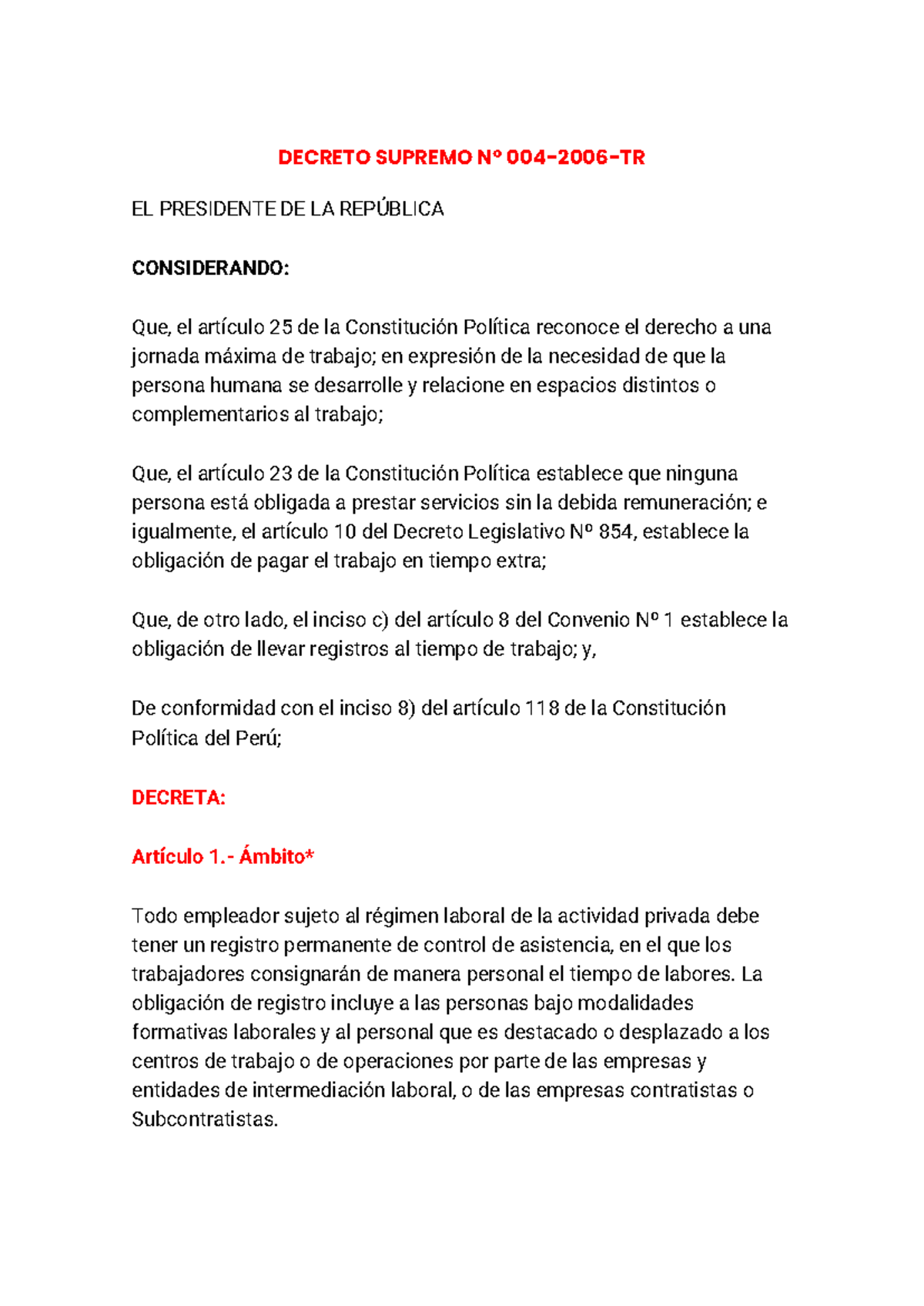 Decreto Supremo Nº 004-2006-TR: Control de Asistencia Laboral - Studocu