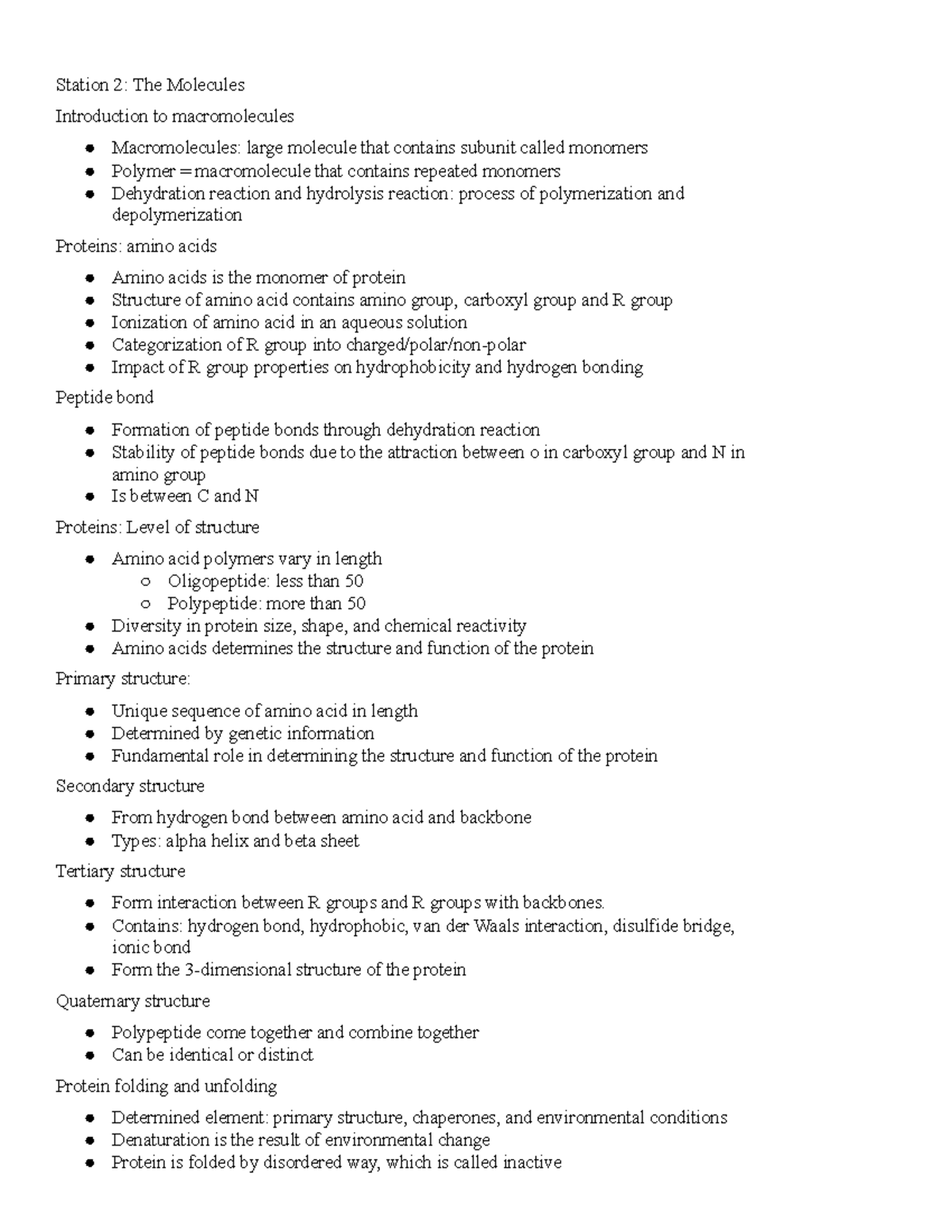 BIOL 1115 Ch. 2: Intro to Macromolecules & Protein Structure Notes ...
