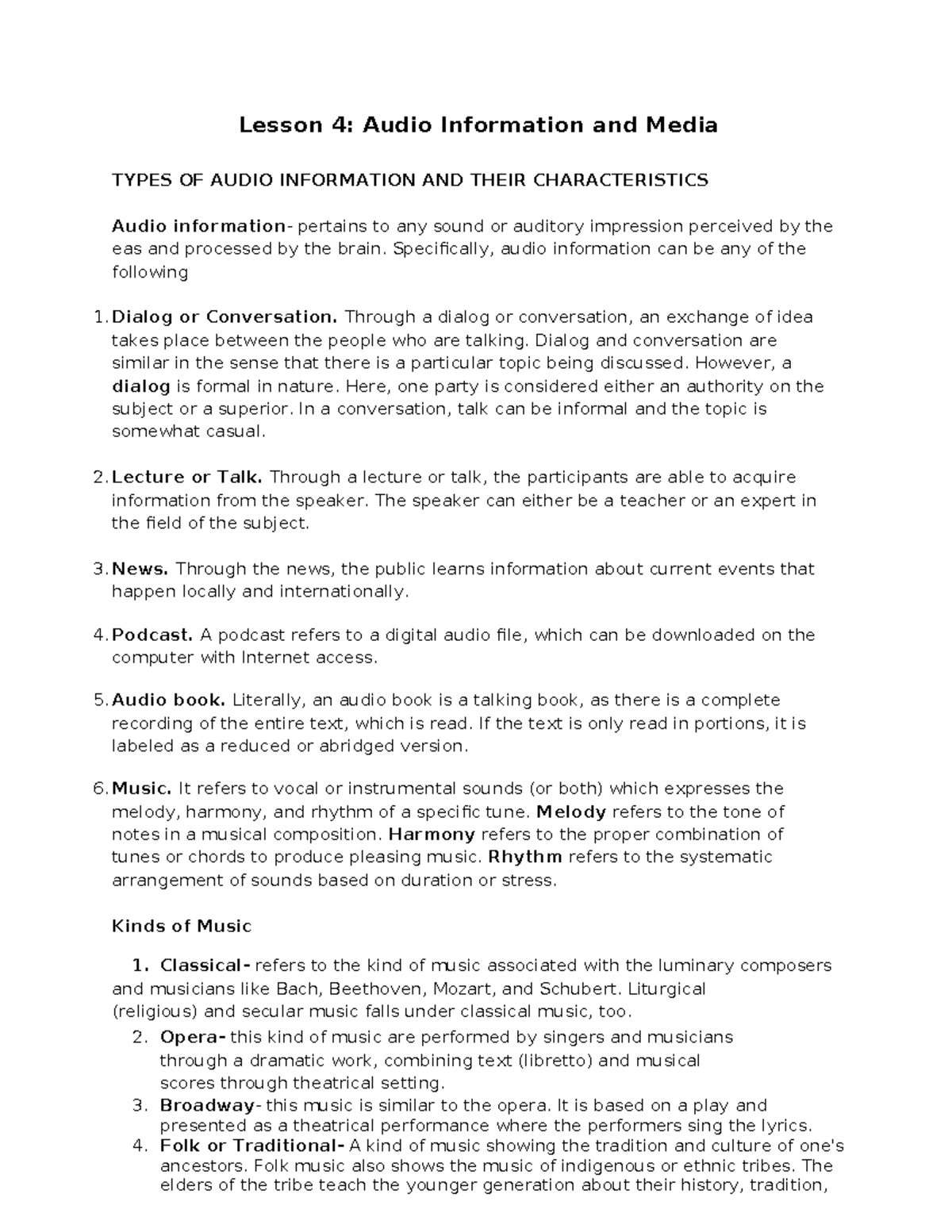 Lesson 4: Audio Information Characteristics and Types - Studocu