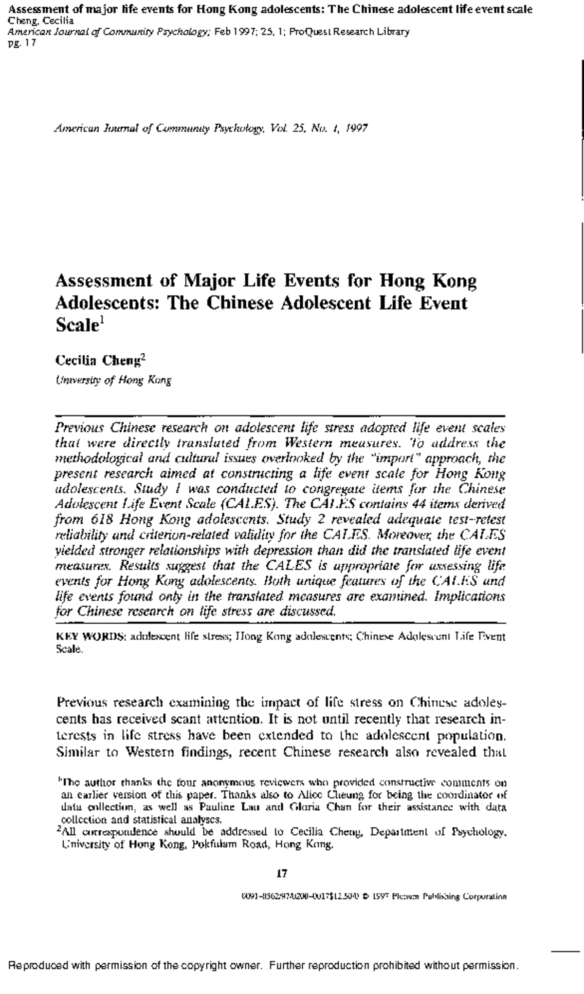 Assessment of major life events for Hong Kong adolescents The Chinese ...