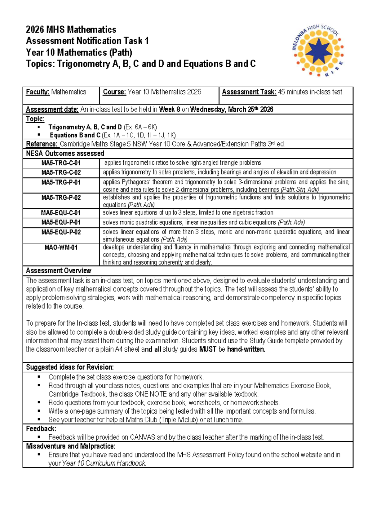 2026 MHS Year 10 Math Assessment Notification: Trigonometry & Equations ...