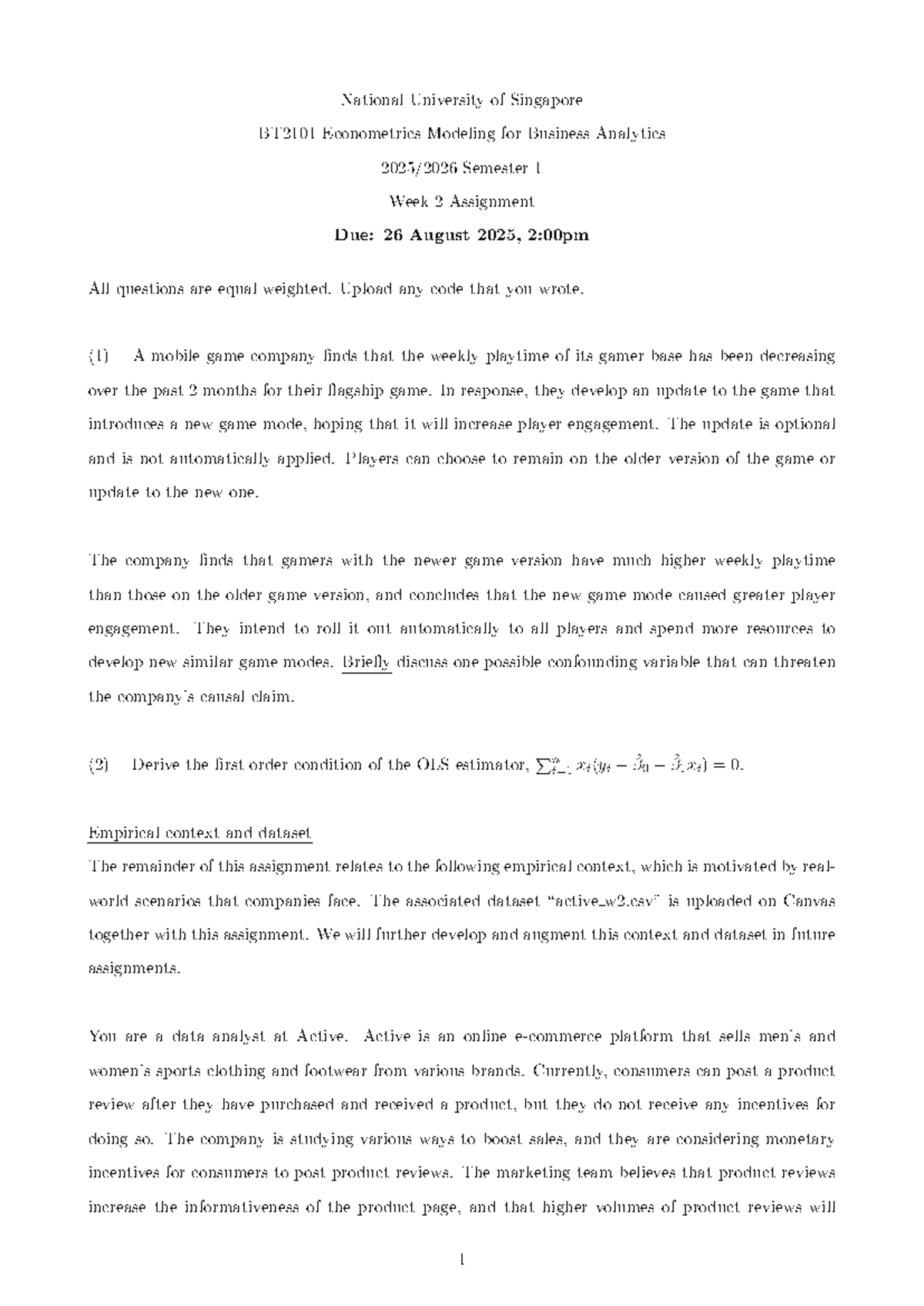 BT2101 Econometrics W2 Assignment: Analyzing Causal Claims in Gaming ...